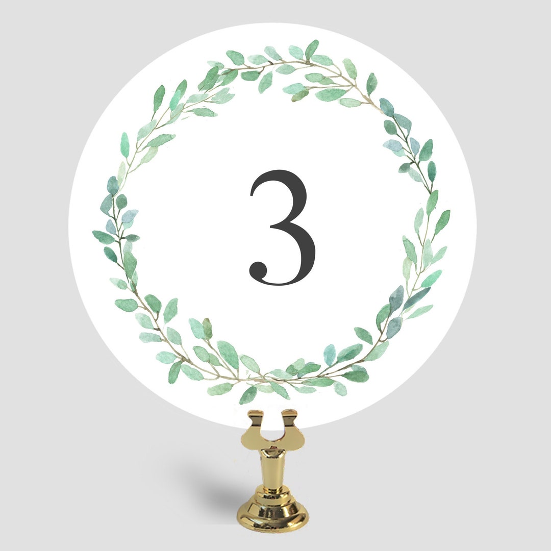 Double Sided Wedding Table Number Cards, Green Wreath Table Numbers ...