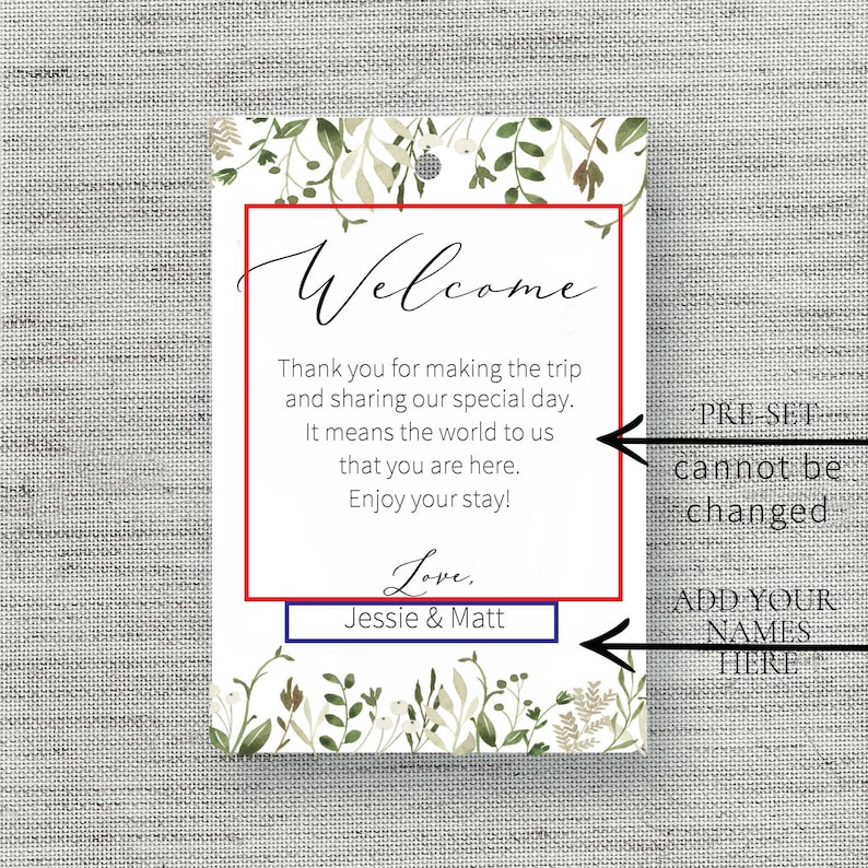 Printed Personalized Welcome Bag Tag, Greenery Tags for Wedding Guest ...