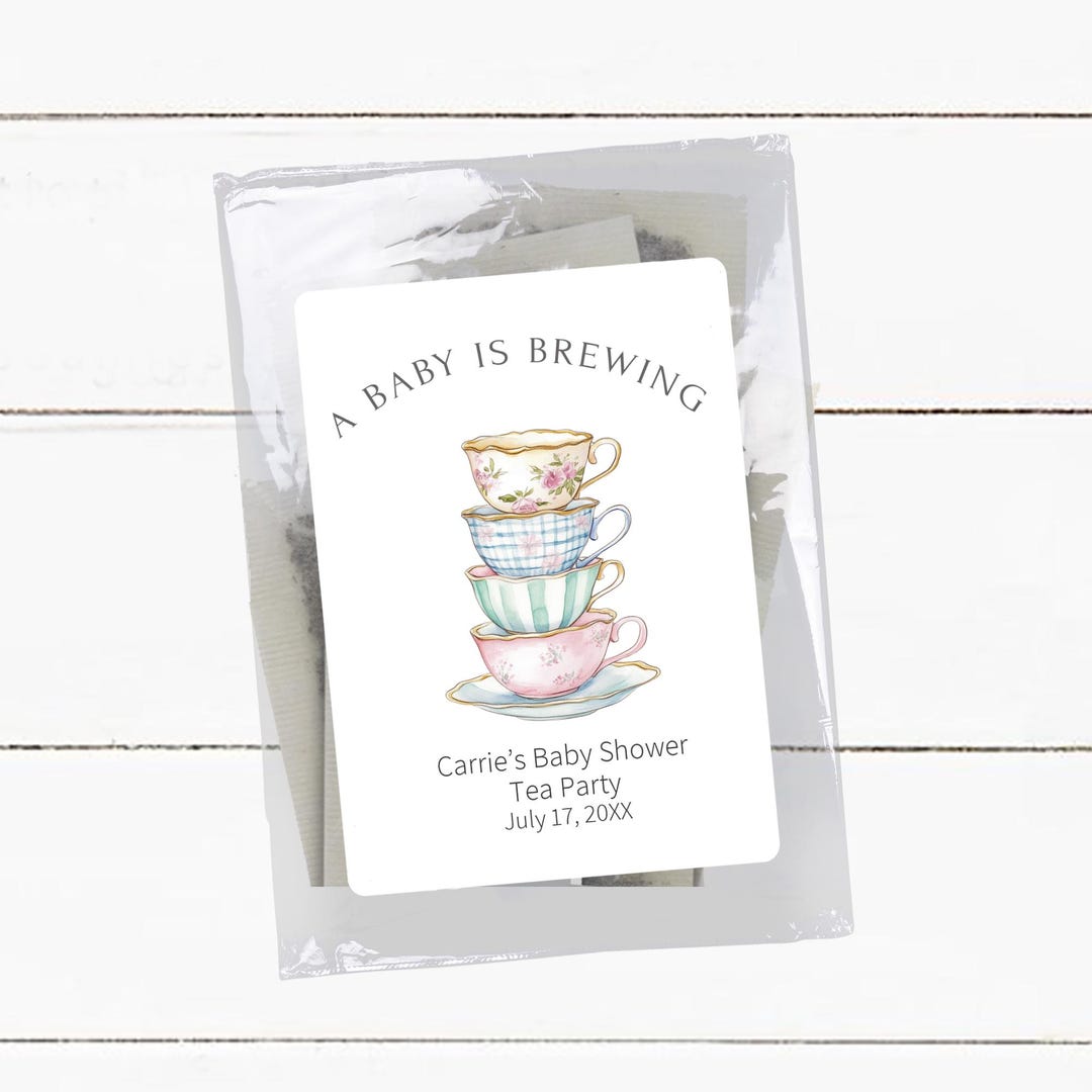 Baby Shower Tea Party Stickers and Bags, A Baby is Brewing Tea Cup ...