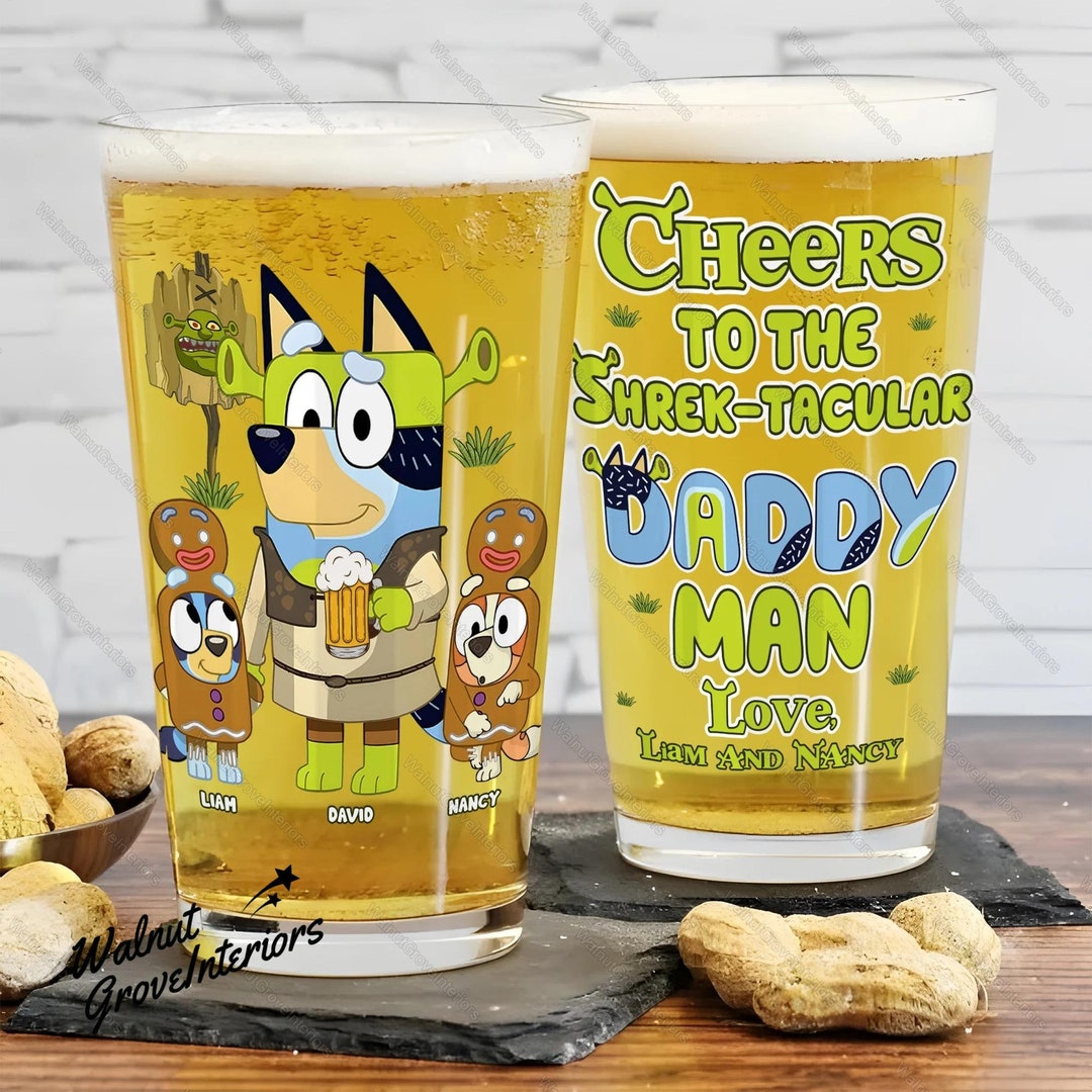 Bluey Shrek Beer Glasses, Dad Beer Glass, Funny Bluey Beer Glasses ...