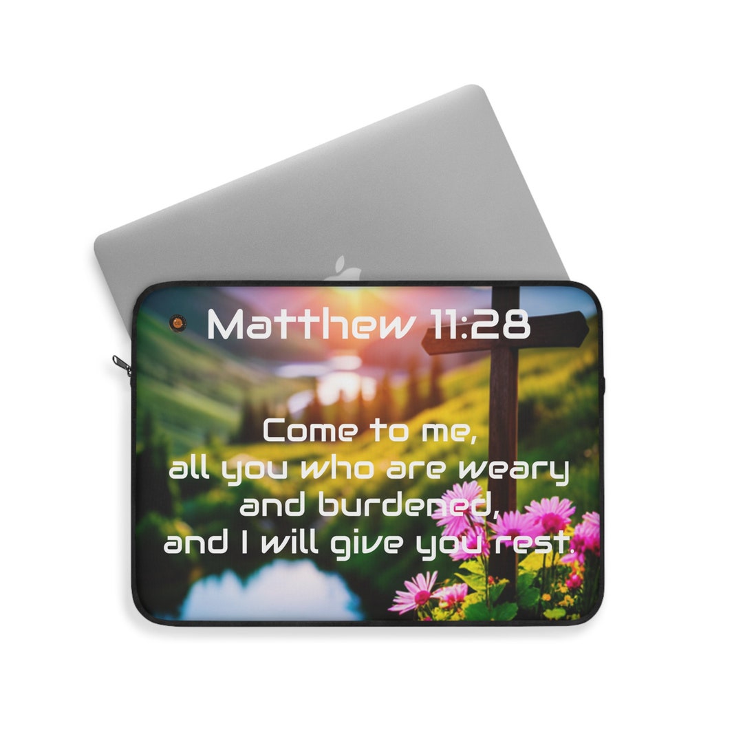Christian Laptop Sleeve With Bible Verse Matthew 11:28, Cross With Pink ...