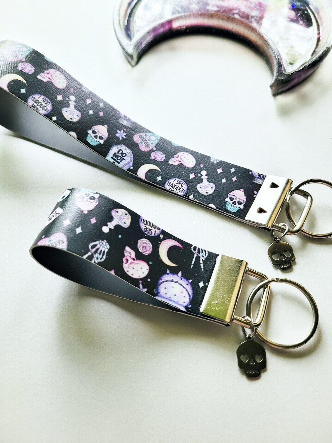 Pastel Goth Vegan Leather Keychain: Skull Charm Keyfob - Etsy