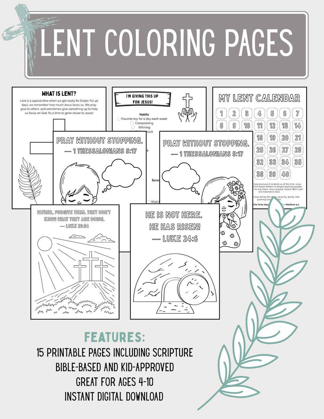 Lent Coloring Packet for Kids | 15-page Christian Printable | Scripture ...