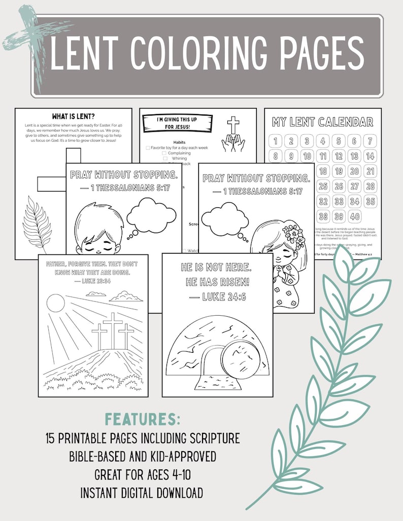Lent Coloring Packet for Kids | 15-page Christian Printable | Scripture ...
