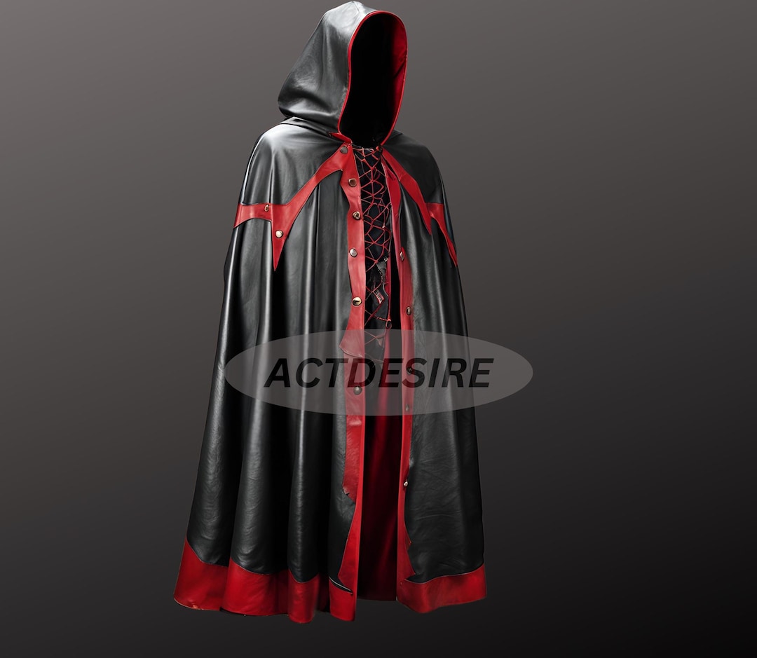 Gothic Black and Red Hooded Leather Cloak With Lattice Chest Detail ...
