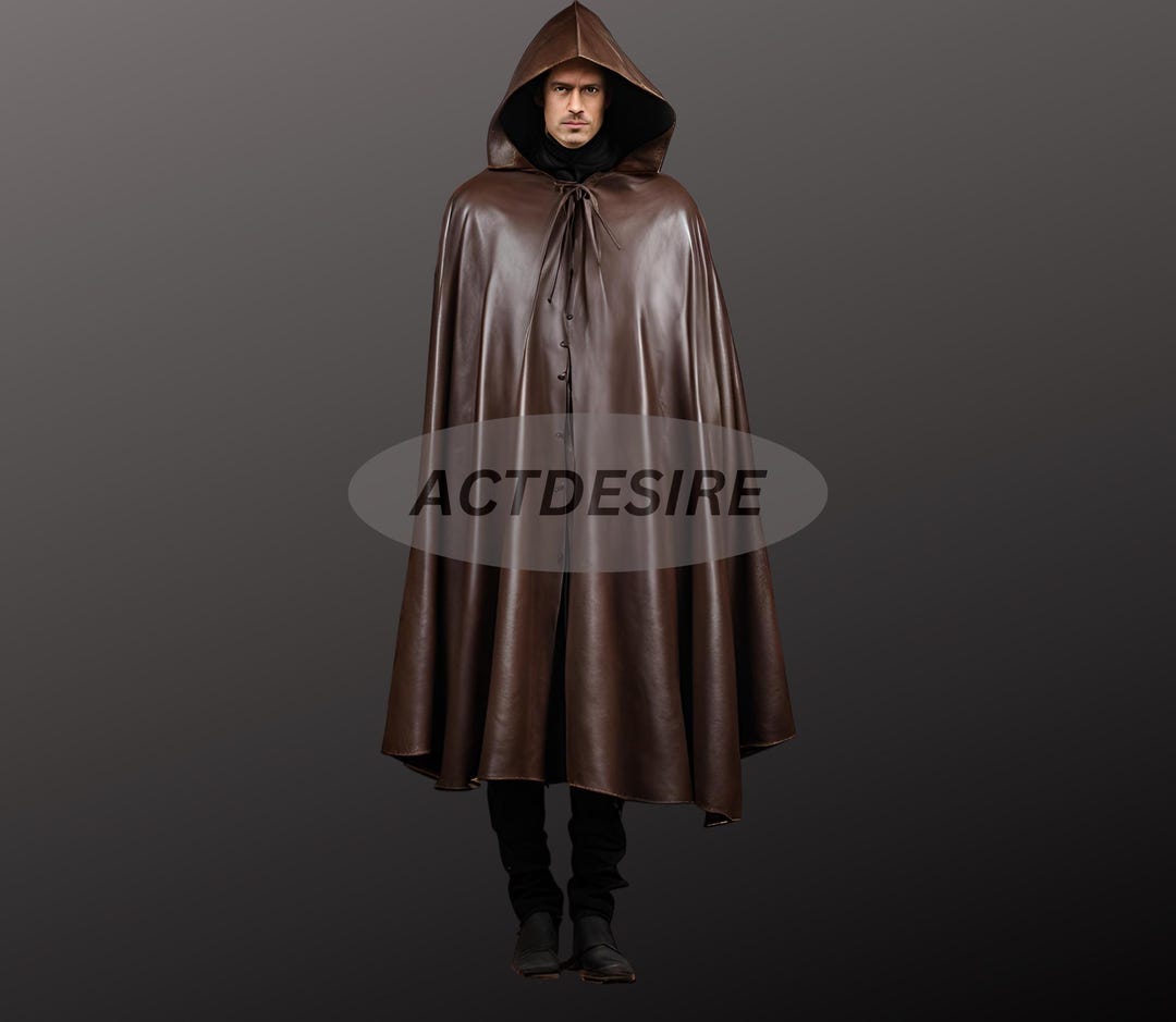 Dark Brown Leather-look Hooded Cloak Gothic Fantasy Cloak for Men ...