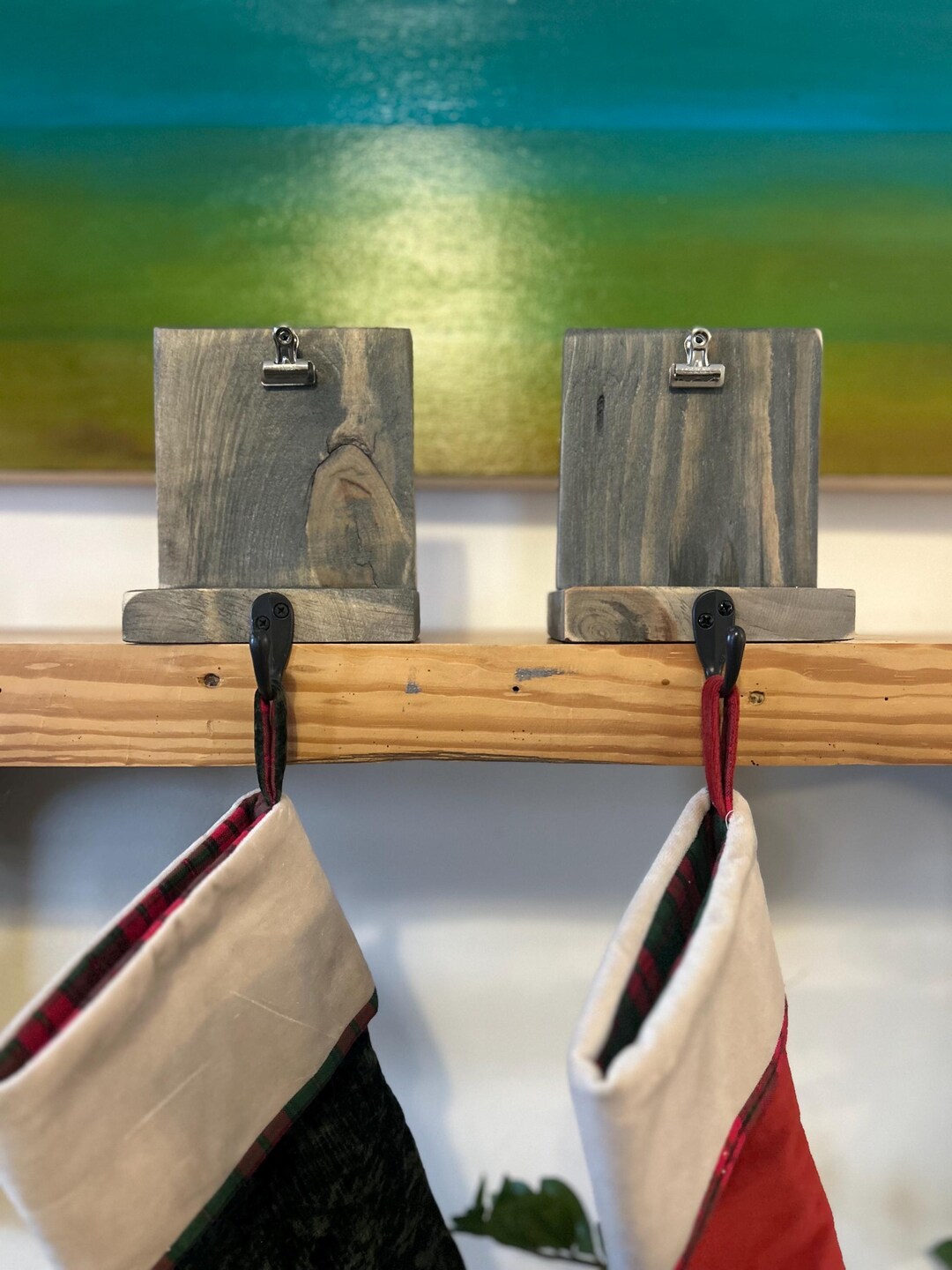 Grey Set of Six Rustic Picture Stocking Holder, Wooden Stocking Holder ...