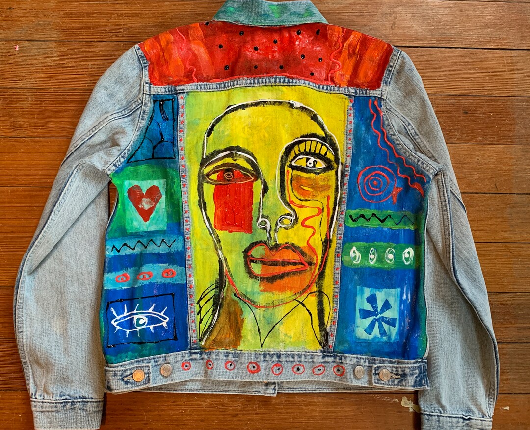 Hand Painted Original Denim Jacket With Face - Etsy