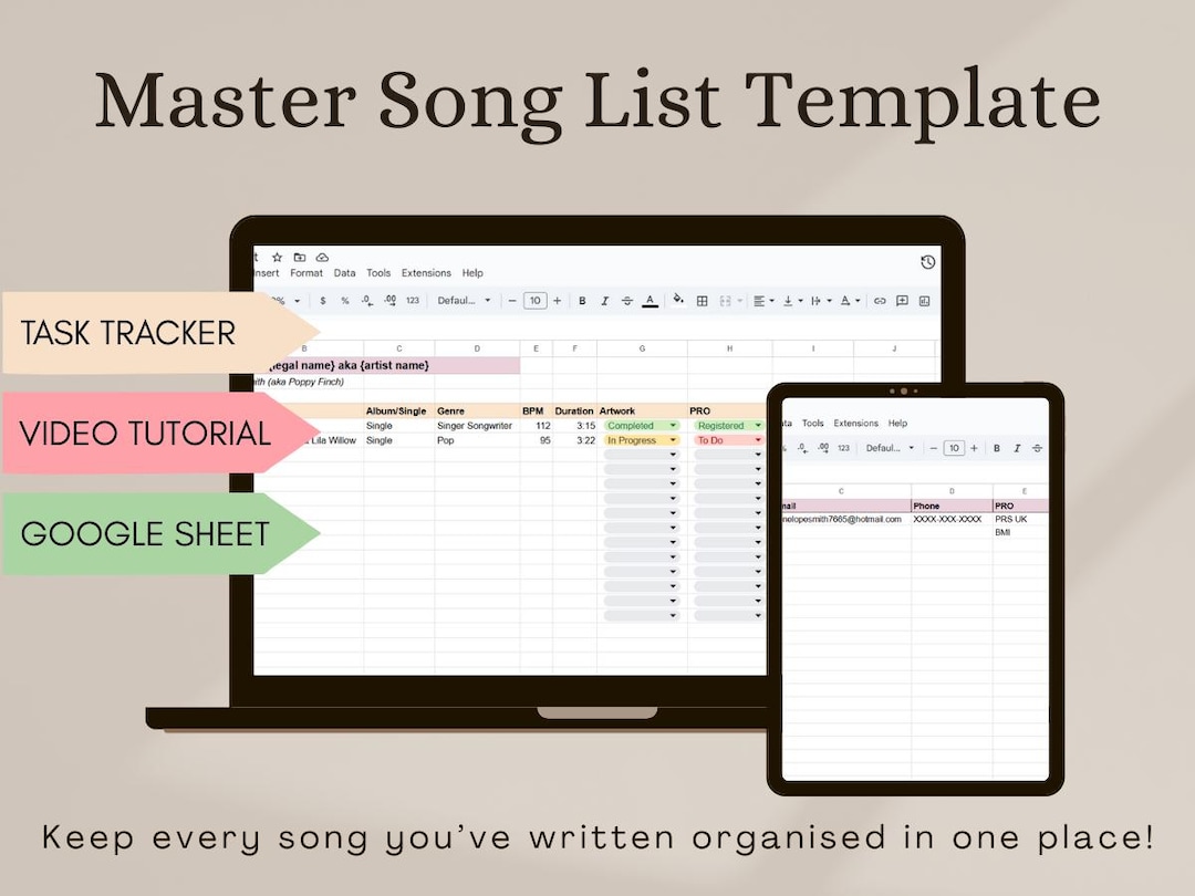 Master Song List Template, Songwriter Catalogue Organiser, Music ...