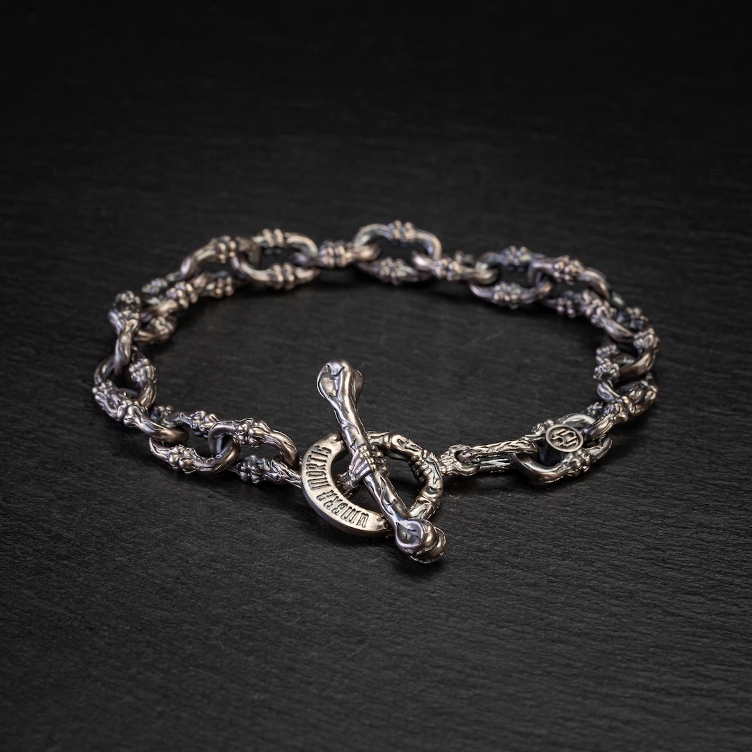 Gothic Viking Bracelet, Silver Skull Beads Chain Bracelet, Handmade ...