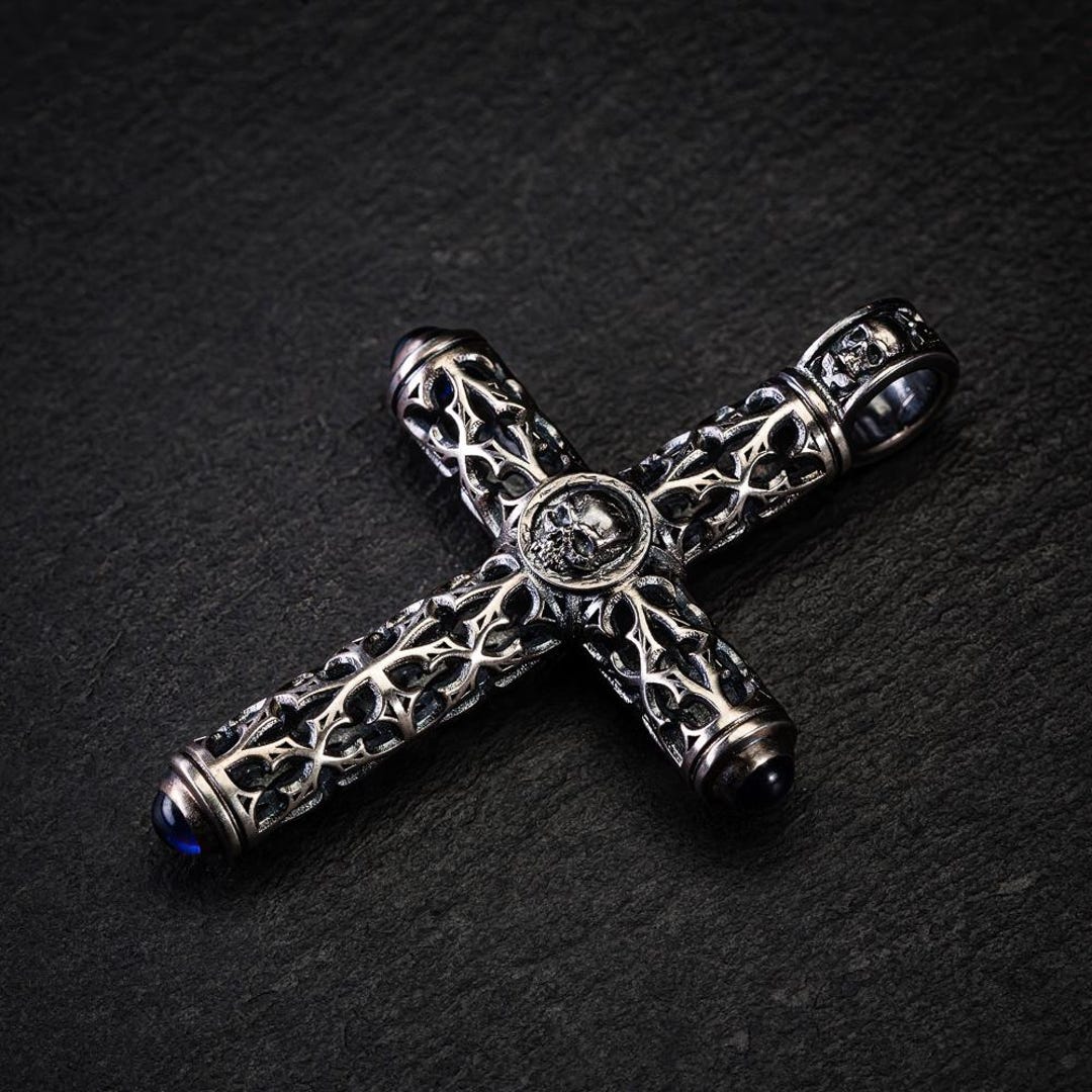 Gothic Silver Cross Pendant Sapphire Gemstone Medieval Cathedral Goth ...