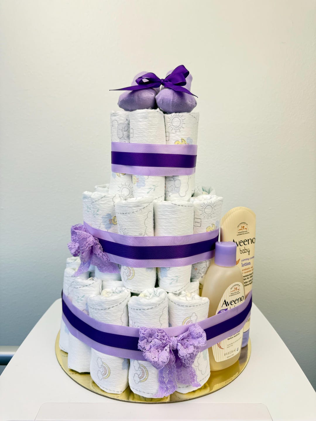 Purple Diaper Cake With Aveeno Baby Products – 3-tier Gift for Newborn ...