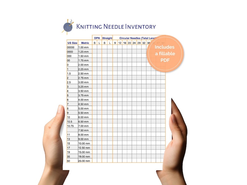 Knitting Needle Inventory Tracker, Printable and Editable Chart ...
