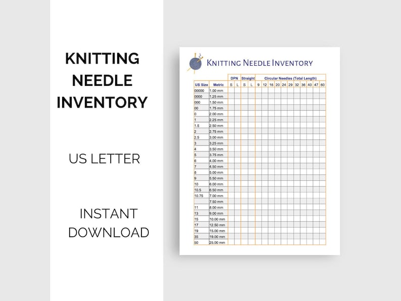 Knitting Needle Inventory Tracker, Printable and Editable Chart ...