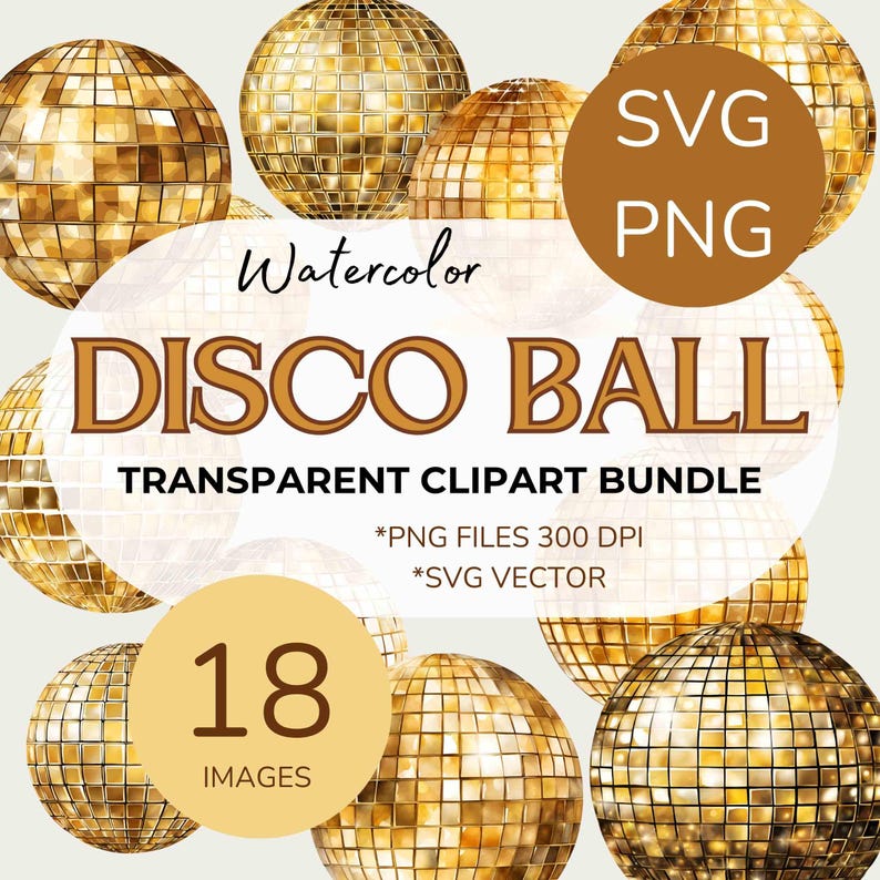 Disco Ball SVG, Watercolor Image, Clip Art PNG, Golden Mirrorball, New ...