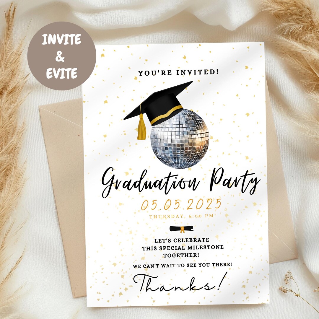 Disco Ball Graduation Party Invitation, Editable Canva Template ...