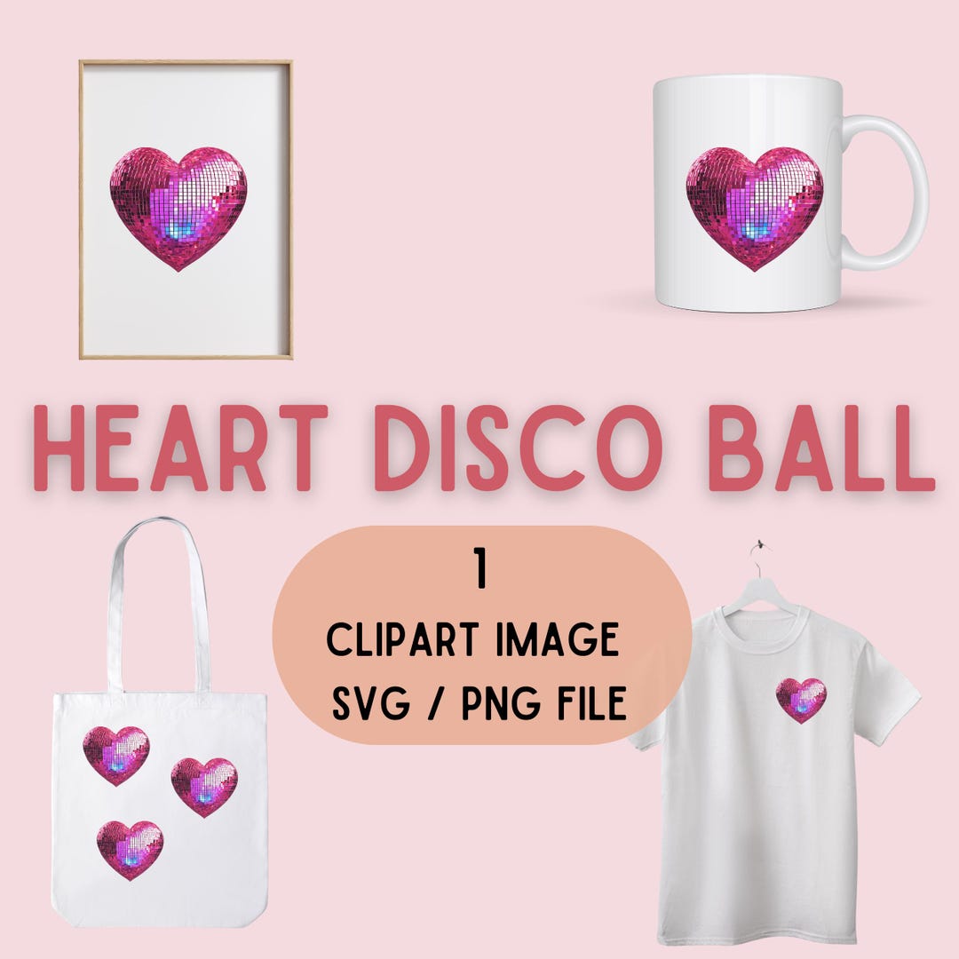 Pink Discoball Clipart, Heart Disco Ball SVG, Valentine Pink Disco Ball ...