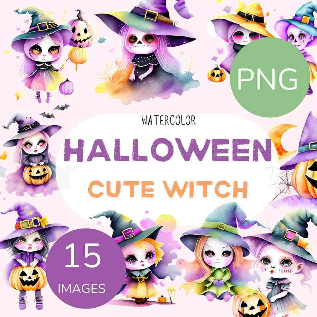 Pastel Halloween Clipart Bundle, Cute Witch PNG, Watercolor Spooky ...
