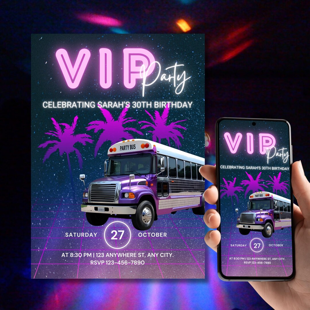Party Bus Invitation, Birthday Evite, VIP Party Flyer, Invite VIP Bus ...