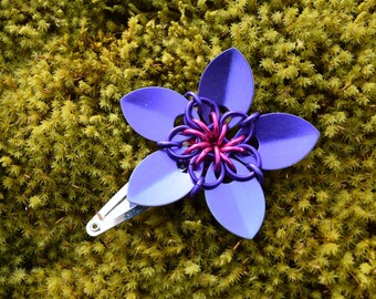Small Scalemaille Flower Barrette Anodized Aluminum Silver and Purple ...