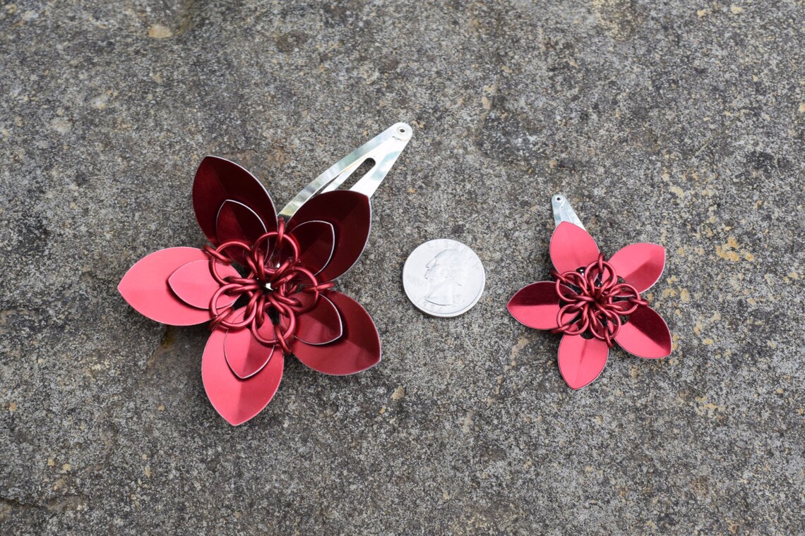 Small Scalemaille Flower Barrette Anodized Aluminum Silver and Purple ...