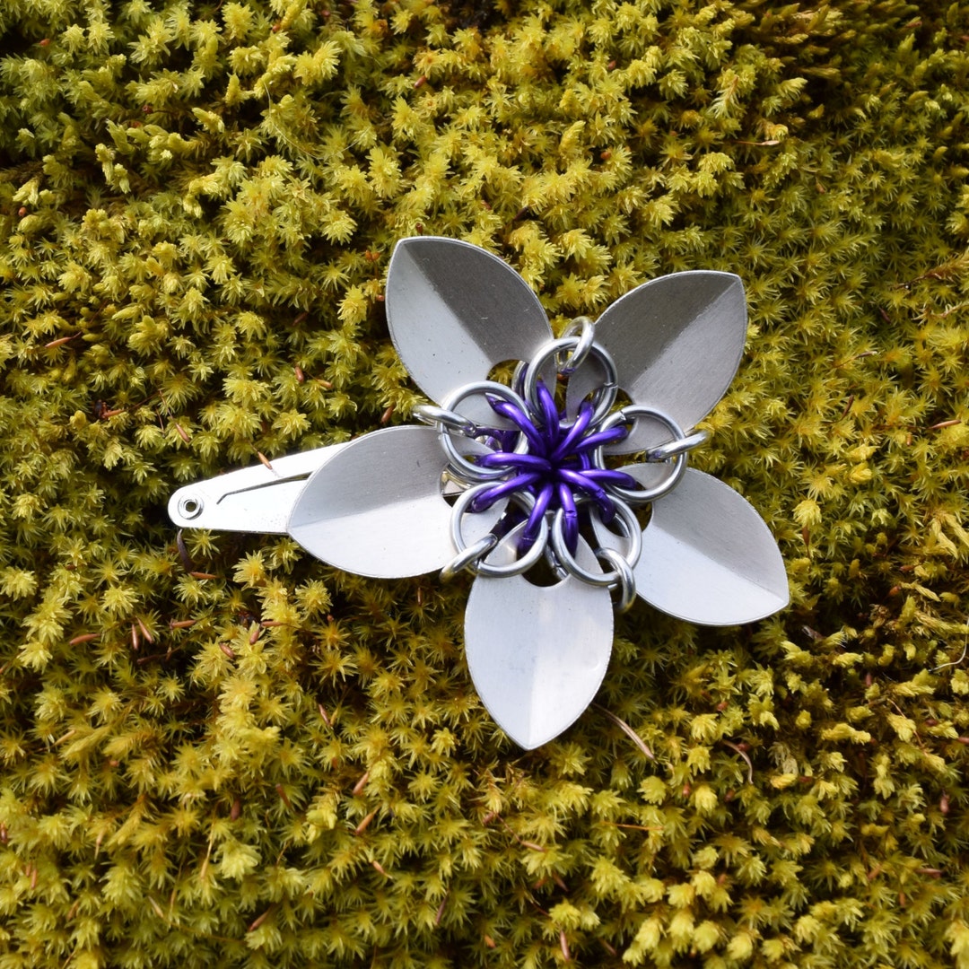 Small Scalemaille Flower Barrette Anodized Aluminum Silver and Purple ...