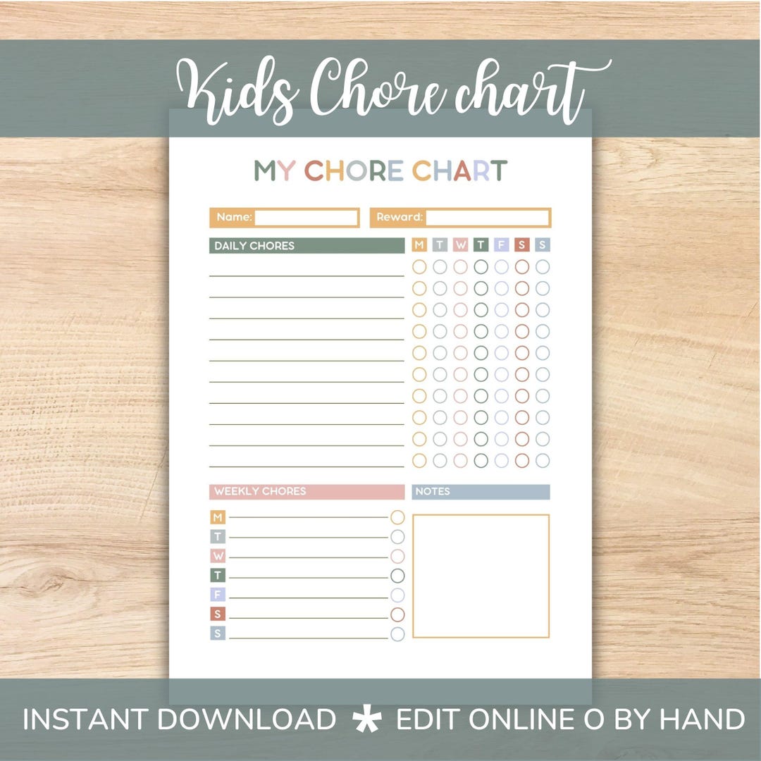 Editable Chore Chart for Kids Printable Kids Daily Weekly ...