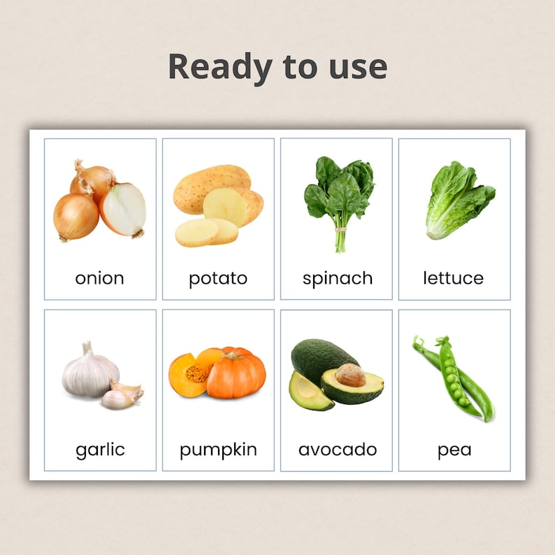 Fruits & Vegetables Flashcards: Montessori Learning, Real Images (PDF ...
