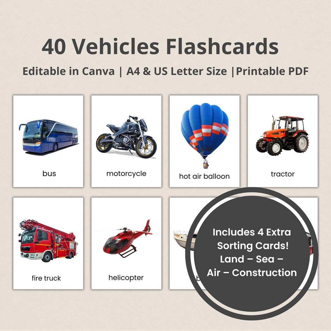 Vehicles Flashcards: Montessori Cards • Flash Cards Nomenclature ...