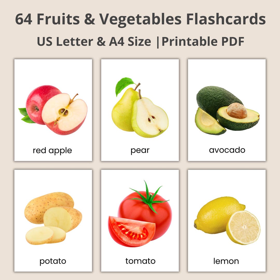 Fruits & Vegetables Flashcards: Montessori Learning, Real Images (PDF ...