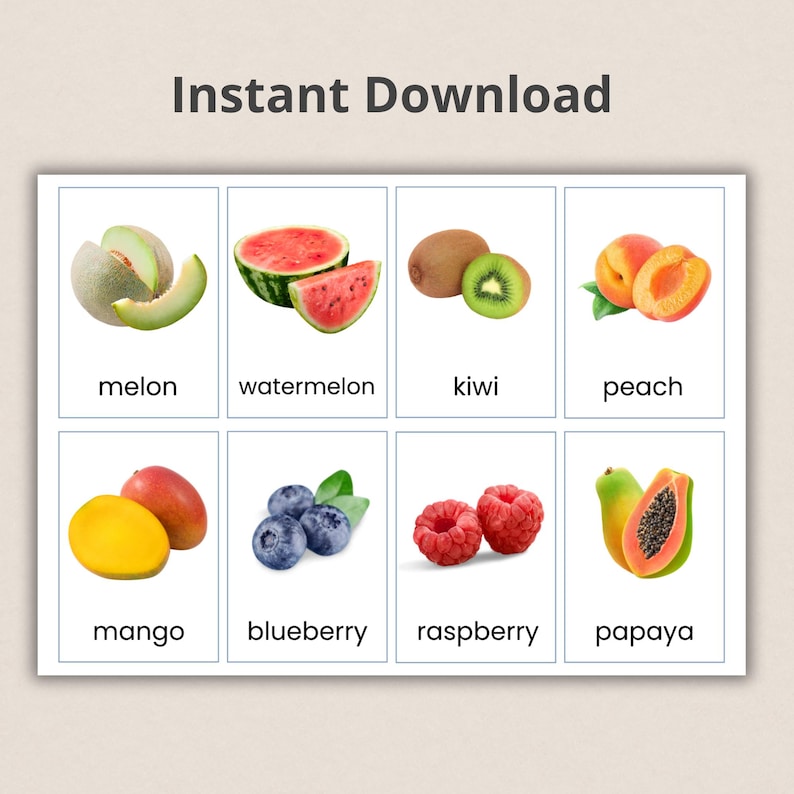 Fruits & Vegetables Flashcards: Montessori Learning, Real Images (PDF ...
