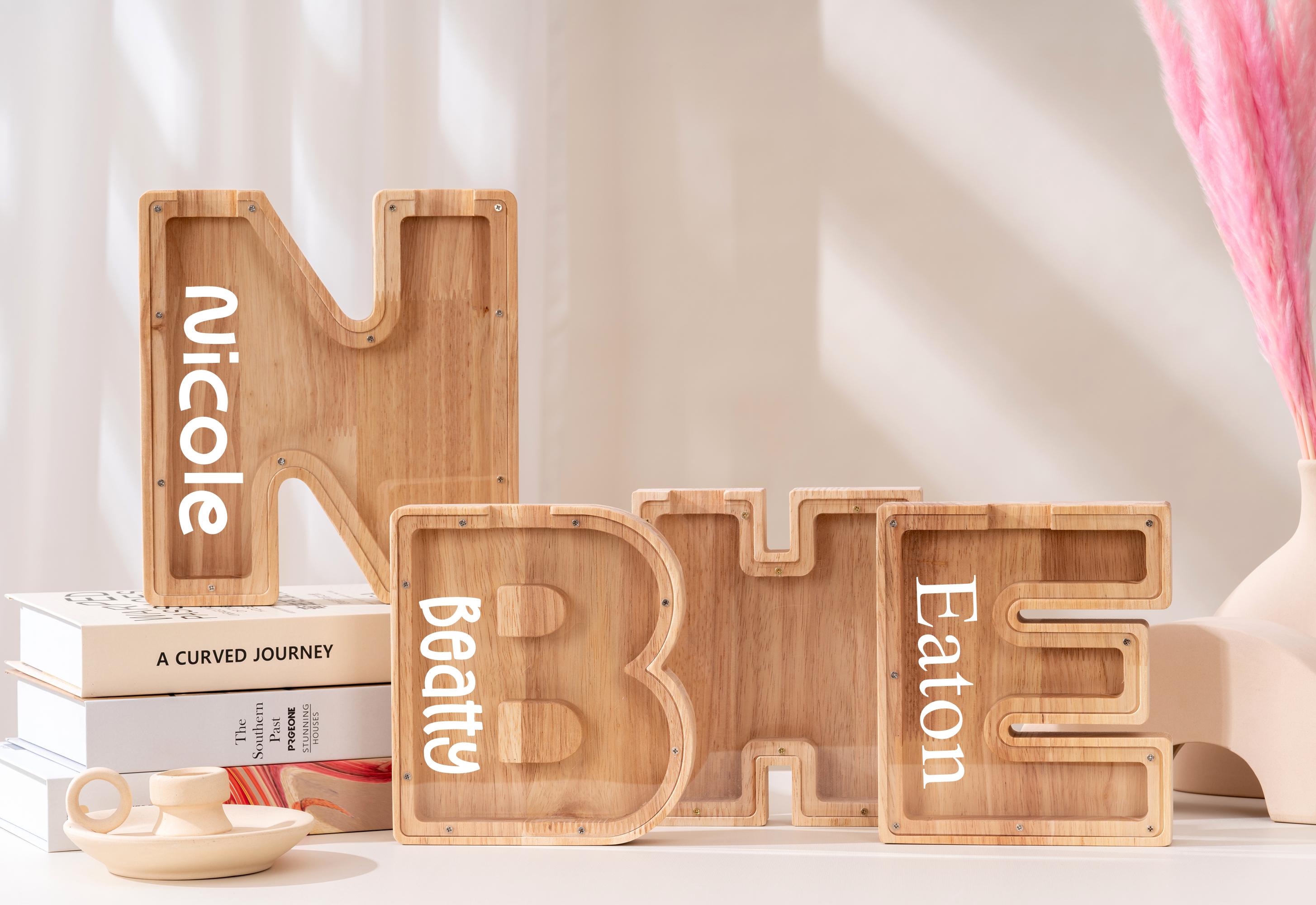 Personalized Wooden Letter Piggy Bank: Custom Initial Beech Wood Coin ...