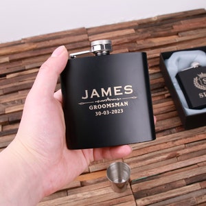 Personalized Groomsman Flask Set, Black Hip Flask 6oz, Groomsmen Gifts ...