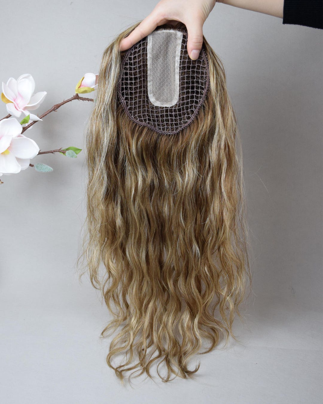 Brown Blond Highlights European Virgin Hair Topper Silk Center Fishnet ...