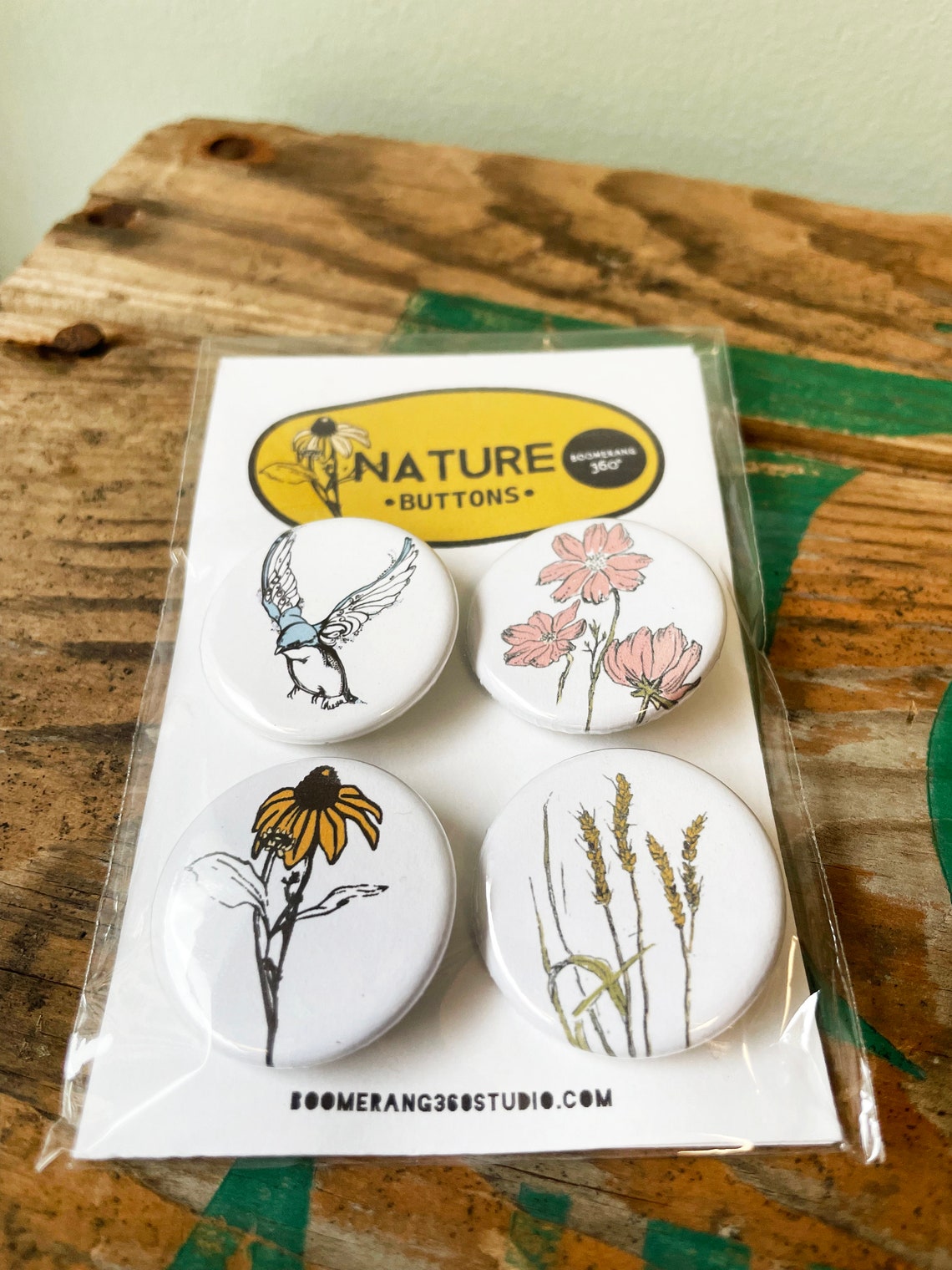 Nature Buttons, Set of 4, Pinback Buttons, Blue Bird, Daisy, Wheat ...