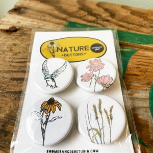Nature Buttons, Set of 4, Pinback Buttons, Blue Bird, Daisy, Wheat ...