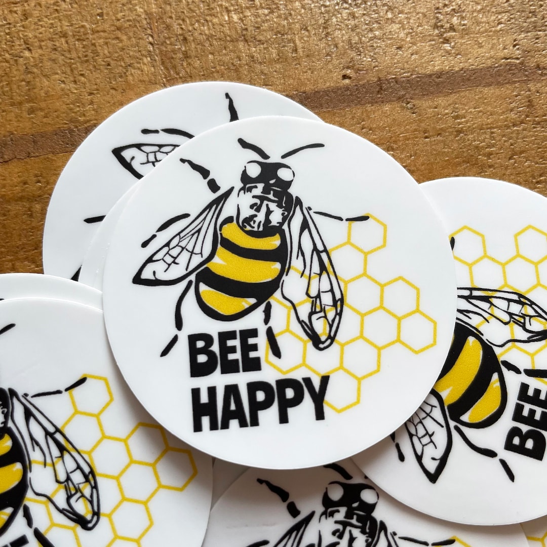 Sticker, Bee Happy Bumper Sticker, 2 Inch Round Sticker, Bumble Bee ...