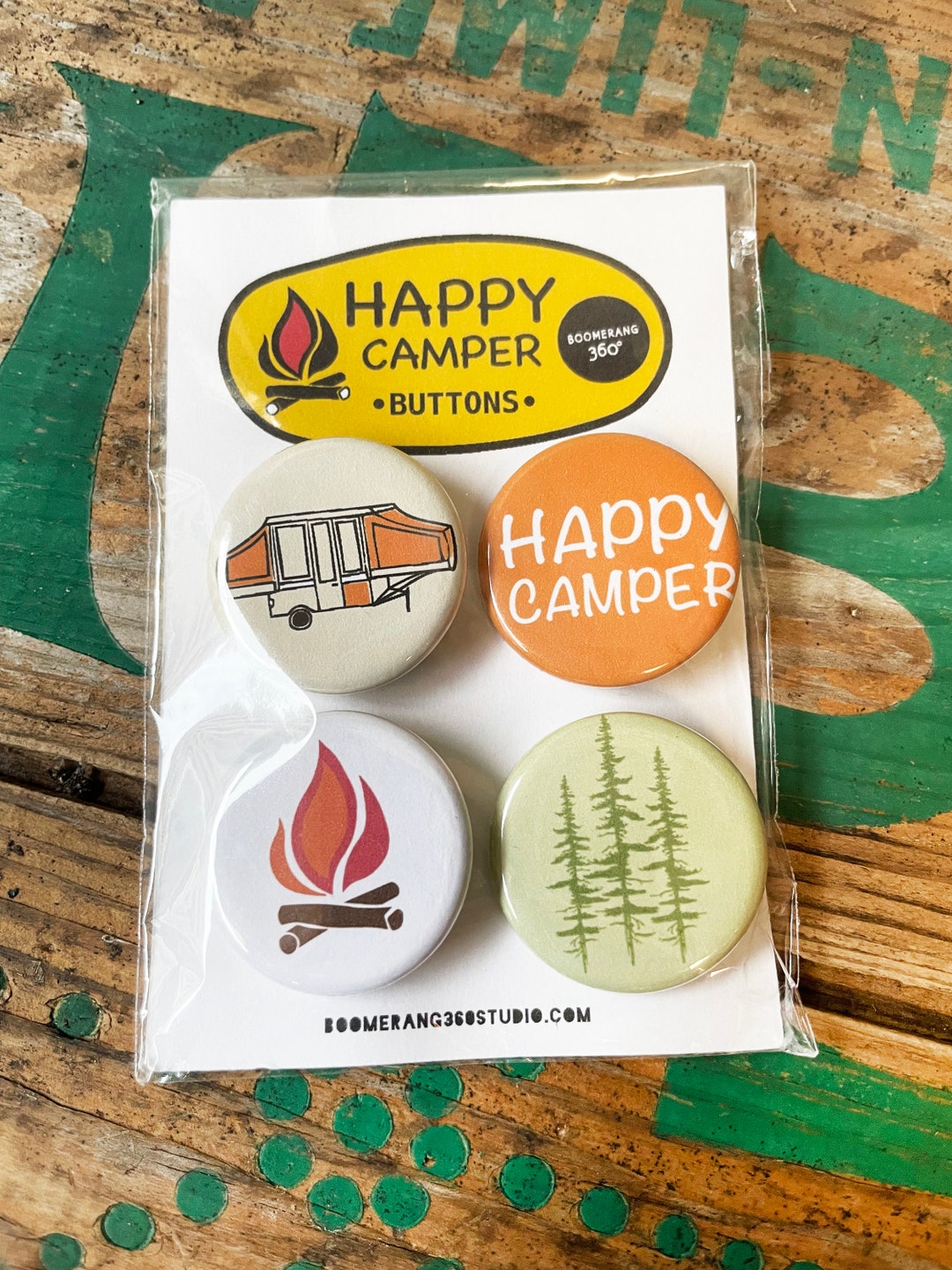 Camping Button Pack, Set of 4 Pin-back Buttons, Happy Camper, Pine ...