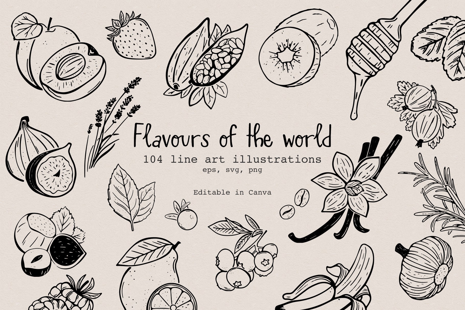FLAVORS of the World Clipart Collection 104 Hand-drawn Line Art ...