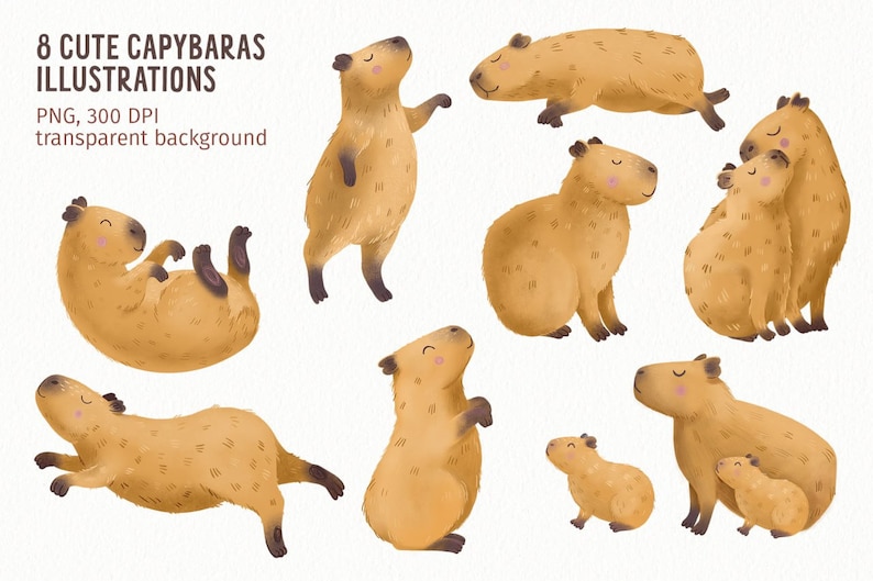 Capybara Clip Art Set | Cute Capybara Illustrations | T-shirt Prints, Posters, Children's ...