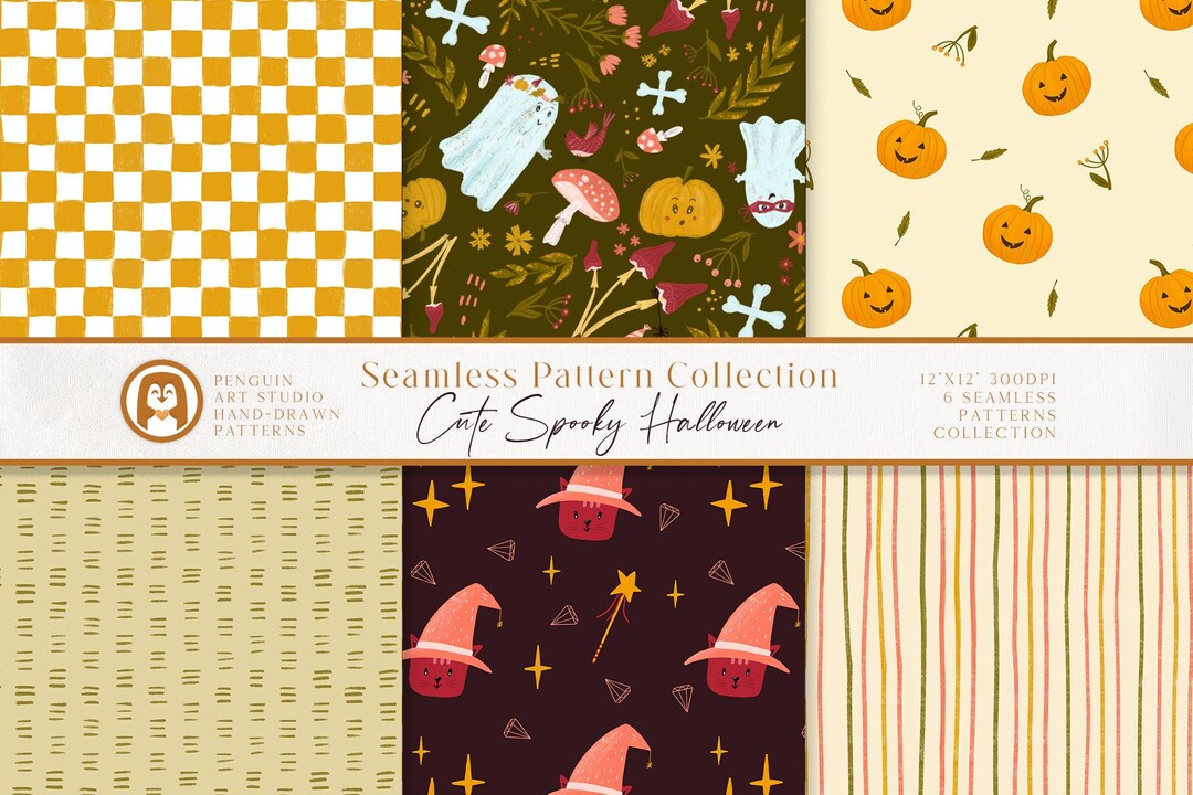 Cute Spooky Halloween Seamless Pattern Collection, Cat, Witch, Ghost ...