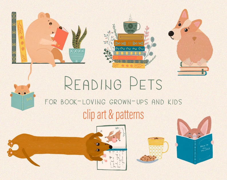 Reading Pets Clip Art Set and Patterns Corgi, Dachshund, Hamster ...
