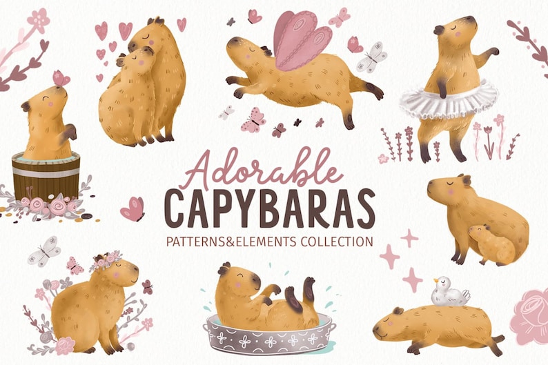 Capybara Clip Art Set | Cute Capybara Illustrations | T-shirt Prints ...