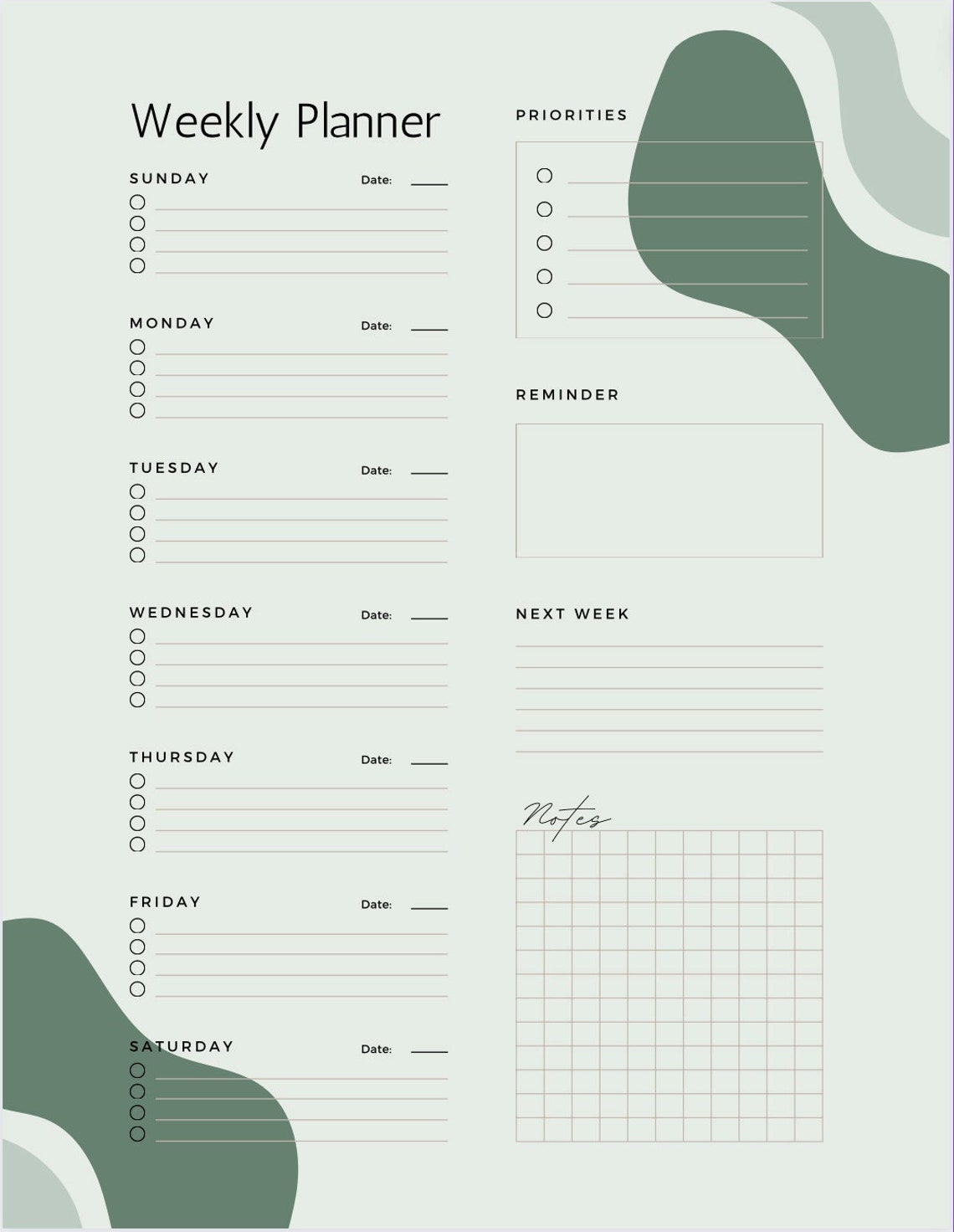 Editable Digital Weekly Planner (green) - Etsy