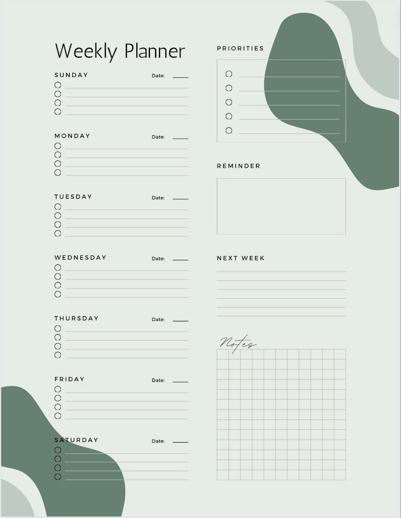 Editable Digital Weekly Planner (green) - Etsy