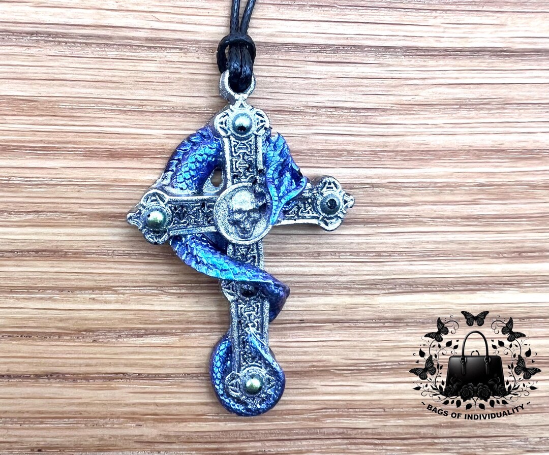 Blue-purple Chameleon Dragon Cross Necklace: Handmade Resin Art Pendant ...