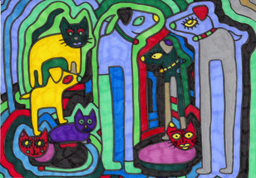 Original Art by Jay Snelling. Outsider Art Brut. Animal Love. Unframed ...