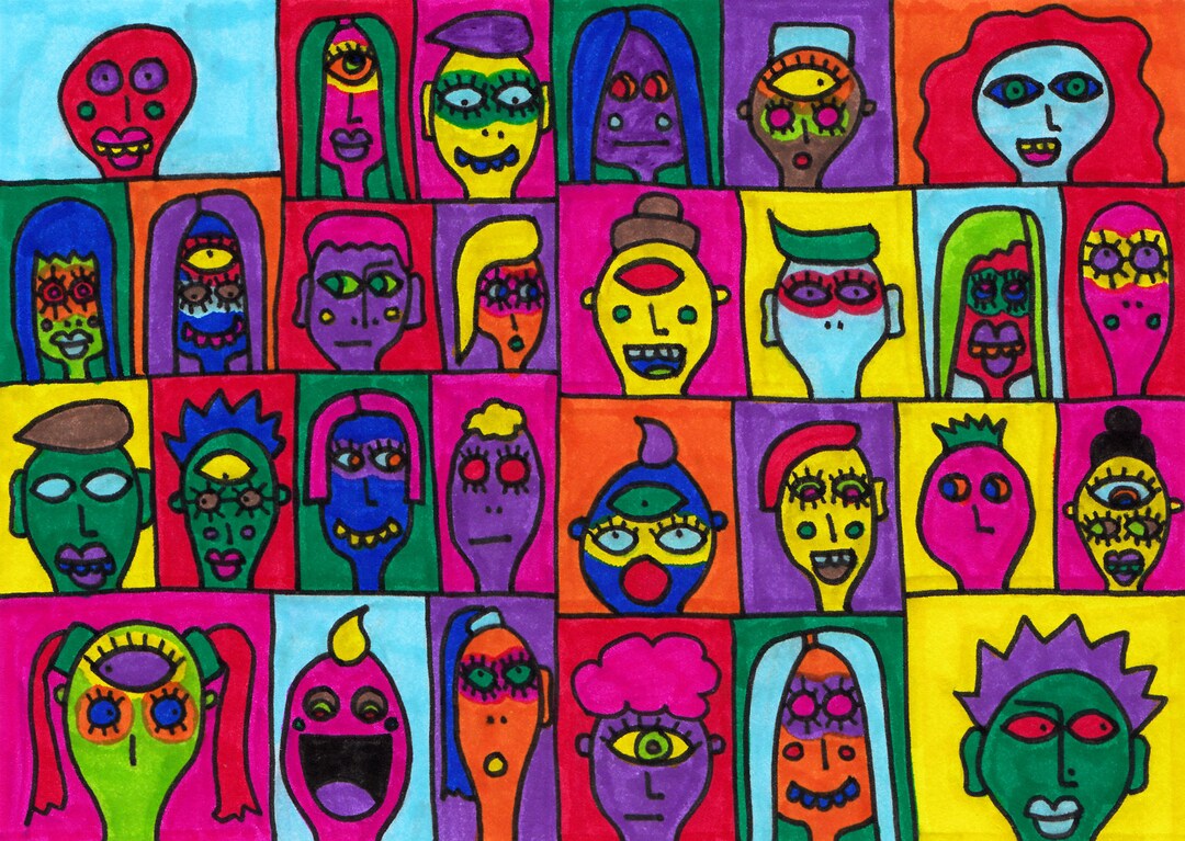 Original Art by Jay Snelling. Outsider Art Brut. 28 Friends. Unframed ...