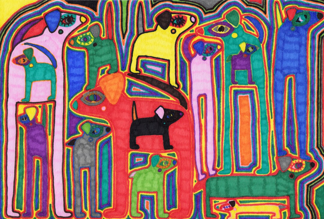 Original Art by Jay Snelling. Outsider Art Brut. Dog Parade... Unframed ...