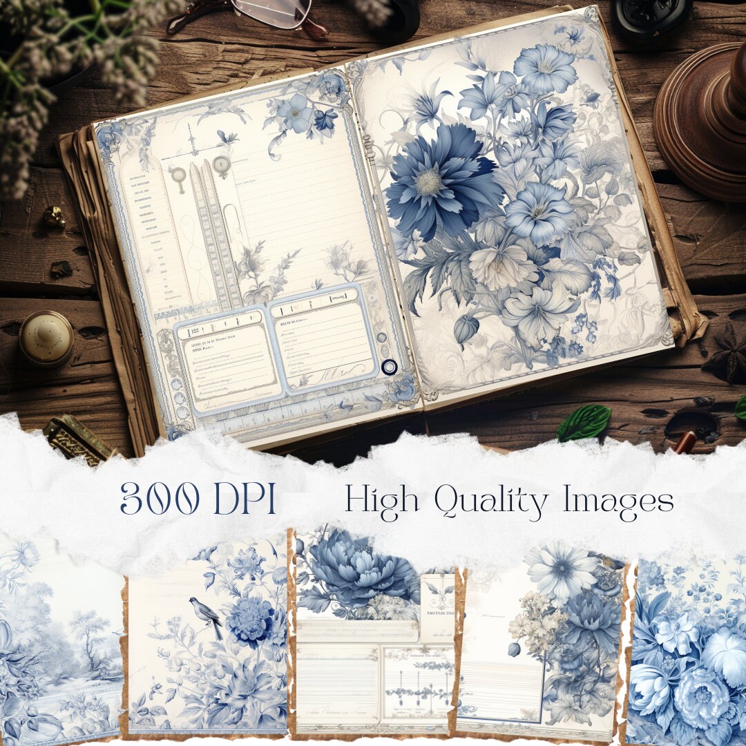 French Blue Toile Junk Journal Papers Journal Paper Kit Digital ...